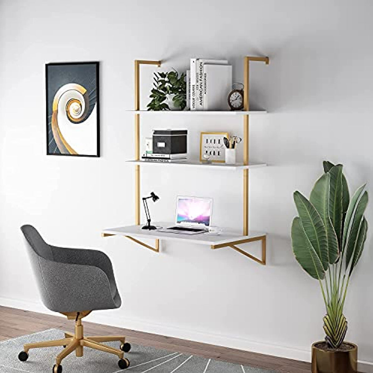 QEEIG Gold Wall Shelf Ladder Shelves Floating Wall Mounted Desk Comput ...